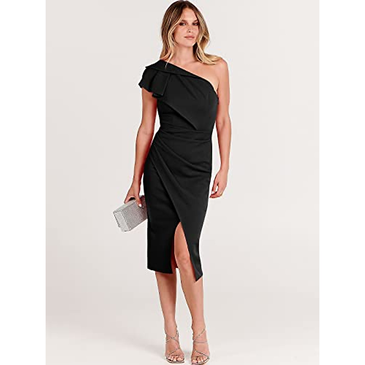ANRABESS Women's One Shoulder Cocktail Evening Night Party Midi Dress Sleeveless Ruffle Wrap Ruched Bodycon Formal Wedding Guest Dresses for Graduation Prom 847heise-M Black