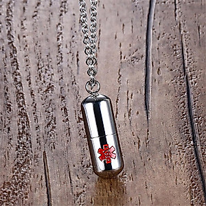 Flongo Fashion Pill Case Capsule Pendant Necklace Stainless Steel Mens Womens, 20 inch Chain, Cross Medicine Keepsake Pendant Necklace (Medical Alert Pill)