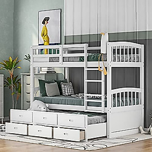 Merax Twin Over Twin Bunk Bed with Trundle and 3 Drawers, Solid Wood Bunk Bed Frame with Ladder and Full Guardrails, for Teens, White