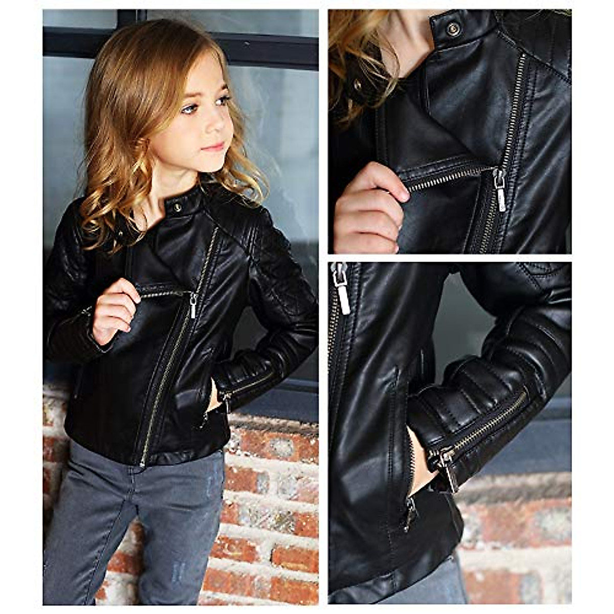 LJYH Girls Faux Leather Quilted Motorcycle Jackets Kids Spring Biker Coats Black 7/8yrs