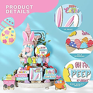 13 Pcs Easter Tiered Tray Decor Set Happy Easter Wooden Sign Gnome Plush Easter Egg Bunny Table Decor for Rustic Farmhouse Home Spring Easter Decorations