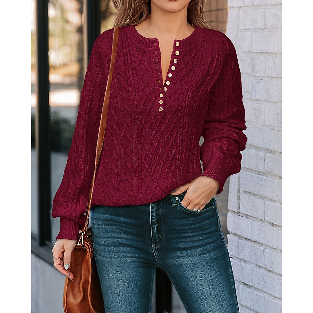 KIRUNDO Womens Sweaters 2024 Fall Winter Henley Long Sleeve Button Crew Neck Cable Knit Loose Cropped Sweater Pullover(Jujube Red, Large)