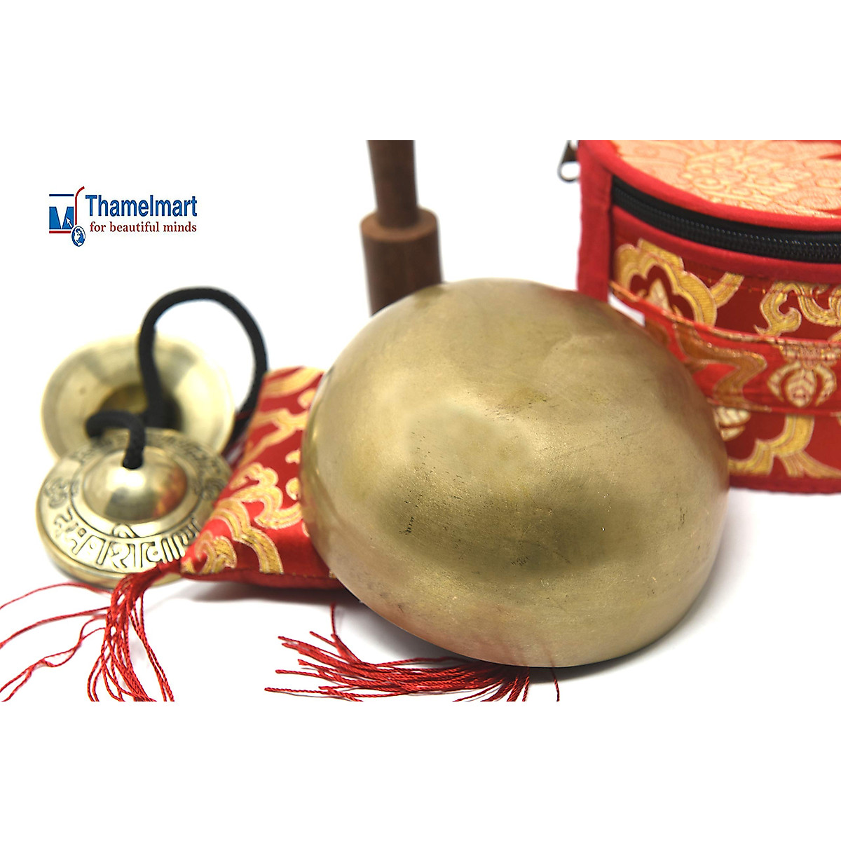 5" Tibetan Singing Bowl for Meditation, Sound Healing, Yoga & Sound Therapy. Made of 7 metals. Silk Cushion, Wooden Mallet, Box & Tingsha included Thamelmart (5 Inch matte)