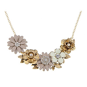 Alilang Womens Flower Rhinestones Pearl Statement Bib Golden Tone Necklace with Gray Yellow Enamel, Light Pink