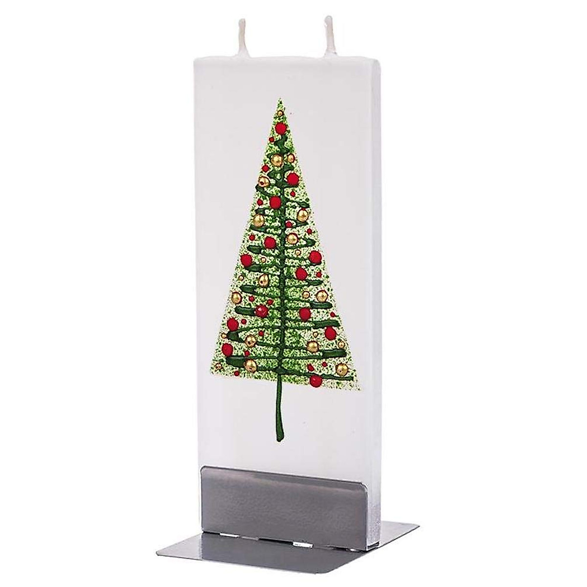 Flatyz Handmade Twin Wick Unscented Thin Flat Candle - Green Christmas Tree with Red and Gold Balls