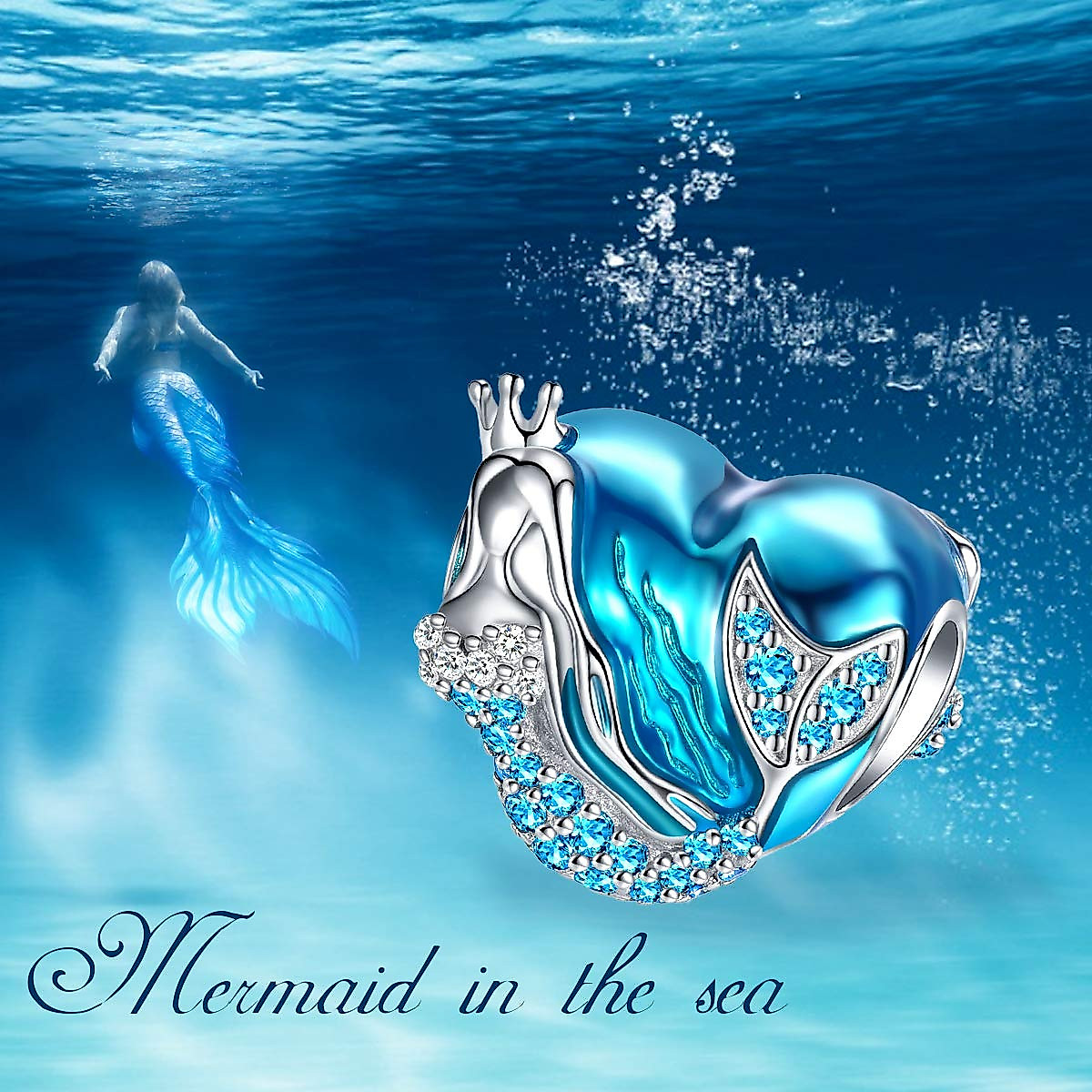 FOREVER QUEEN Mermaid Charms fit Charms Bracelet 925 Sterling Silver Charms Bead CZ Heart Shape Blue Enamel Bead Ocean Sea Charm for Snake Bracelets Necklace Women Girls Gift