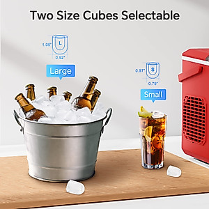 Crzoe Ice Makers Countertop, Ice Machine with Handle, 26Lbs in 24Hrs, 9 Cubes Ready in 6 Mins, Self-Cleaning Portable Ice Maker, 2 Sizes of Bullet Ice Cubes for Home and Office(RED)