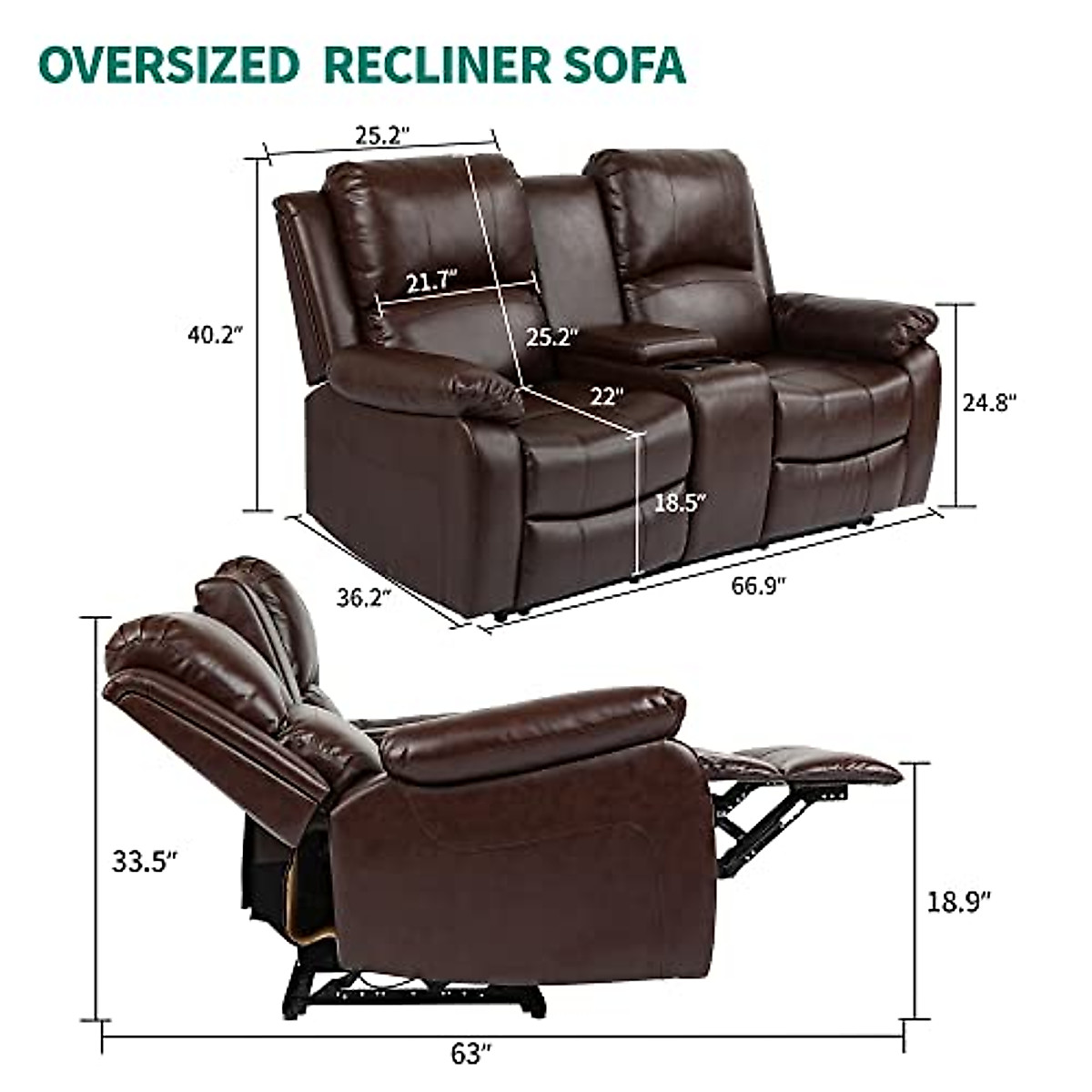 YITAHOME Loveseat Recliner, Manual Double Sofa Loveseat, Home Theater Seating with Storage Console, Double Recliner RV Sofa with Cup Holders and Side Pocket for Living Room