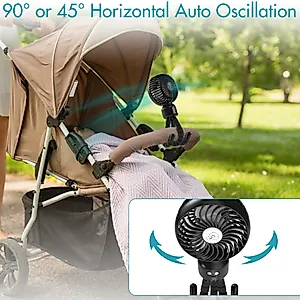 COMLIFE Battery Operated Stroller Fan, Auto Rotation Portable Fan for Baby, Handheld Personal USB Desk Fan, 3 Speeds, Flexible Tripod for Crib Bike Treadmill