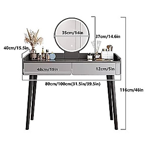 AOKLEY Makeup Vanity Desk, Make Up Table with Mirror and Chair, with Led Lights Mirror Vanity Makeup Table Set with Adjustable Brightness Mirror 2 Drawer Organiser Bedroom Furniture