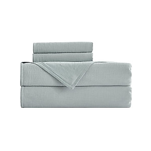 Chezmoi Collection Breeze 3-Piece Cotton Gauze King Duvet Cover Set, Light Blue-Gray Soft Washed Cotton Linen Like Textured Breathable Comforter Cover with Button Closure