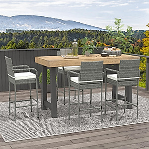 COSTWAY Wicker Bar Stools Set of 4, Patio Bar Height Chairs with Cushions, Armrests and Footrests, Outdoor Rattan Barstools for Backyard, Deck, Pool, 400 lbs Max Load, Mix Gray (4)