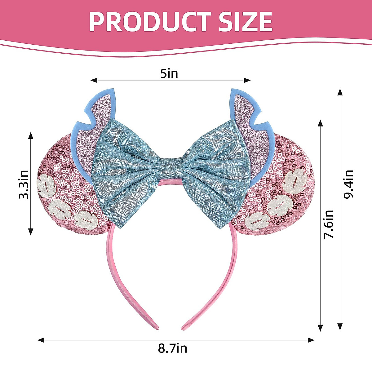 Seamoy Pink Stitch Headband, Minnie Ears, for Women Girls, One Size, Plastic, Nylon, Hairband, Unisex, 1 Count