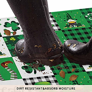 St Patrick's Day Doormat Rugs Outdoor/Indoor Lucky Shamrock Clover Gnomes Non-Slip Entrance Welcome Mat for Front Door/Kitchen/Bath/Bedroom/Patio/Entryway,16"x24", Green Buffalo Gingham Plaid