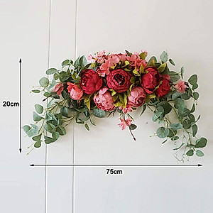 WUHNGD Artificial Flower Swag Wedding Arch Flowers 30 Inch Rose Peony Swag Arch Wreath Centerpiece for Lintel, Green Leaves Door Wreath Garden Home Wall Decoration, Pink Peonies