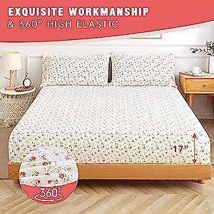 Queen Bed Sheet Set 4PC Printed Cute Red Flower Sheet Pattern Cooling Brushed Microfiber 17" Deep Pocket Floral Sheets Set Luxury, Soft, Breathable, Hypoallergenic, Wrinkle Free Double Bedding