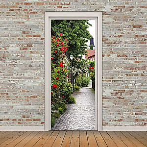 A.Monamour 3D Door Stickers for Interior Doors Blooming Flowers in Garden Patio Narrow Alley Botanical Theme Vinyl Waterproof Self Adhesive Door Mural Decals for Bedroom Office Bathroom 85 x 200 cm