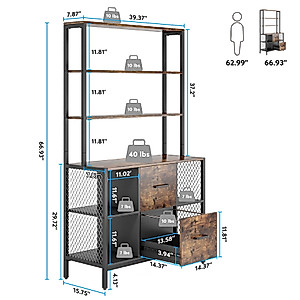 Tribesigns 2-Drawer File Cabinet for Letter Size, 6-Tier Vertical Filing Cabinet with Bookshelf Tall, Large Industrial Printer Stand with Open Storage Shelves for Home Office, Rustic Brown