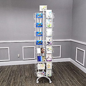 64 Adjustable Pockets Display Rack 5x7 7x5 up to 9.3" Wide X 8" Tall Cards, 1.27" deep Pockets, Double Tier Greeting Post Card Christmas Holiday Spinning Rack Stand White 11603-L-WHT-NF