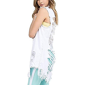 Songling Women's Distressed Ripped Sleeveless Mid Long Denim Jacket Jean Vest Cardigan Coats(White,XXL)