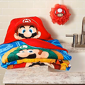 Franco Super Mario Kids Bath/Pool/Beach Soft Cotton Terry Hooded Towel Wrap and loofah Set, 24 in x 50 in (Official Nickelodeon Product)