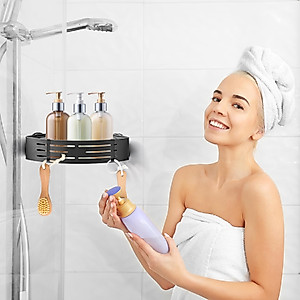 GQIRIL Corner Shower Caddy Shelves - Suction Cup Shower Organizer Shelf with 2 Hooks, Adhesive Bathroom Wall Hanging Caddies Storage, No Drilling Rustproof Stainless Steel Caddy for Bath Inside Shower