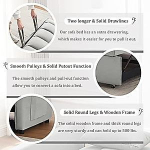 Velvet Pull Out Sleeper Sofa Bed, Convertible Futon Sofa Bed with Reclining Back, Modern Pullout Couch with 2 Pillows and Pockets, Upholstered Small Loveseat for Living Room, Guest Room, Dorm (Grey)