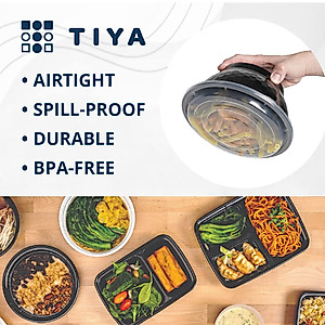 TIYA Food Takeout Bowls - Black Plastic Storage To-Go Containers - Reusable Microwavable Dishwasher Safe Restaurant Bowls - Leak Resistant for Soups & Meal Prep (42 oz Bulk 120 Pack with Clear Lids)