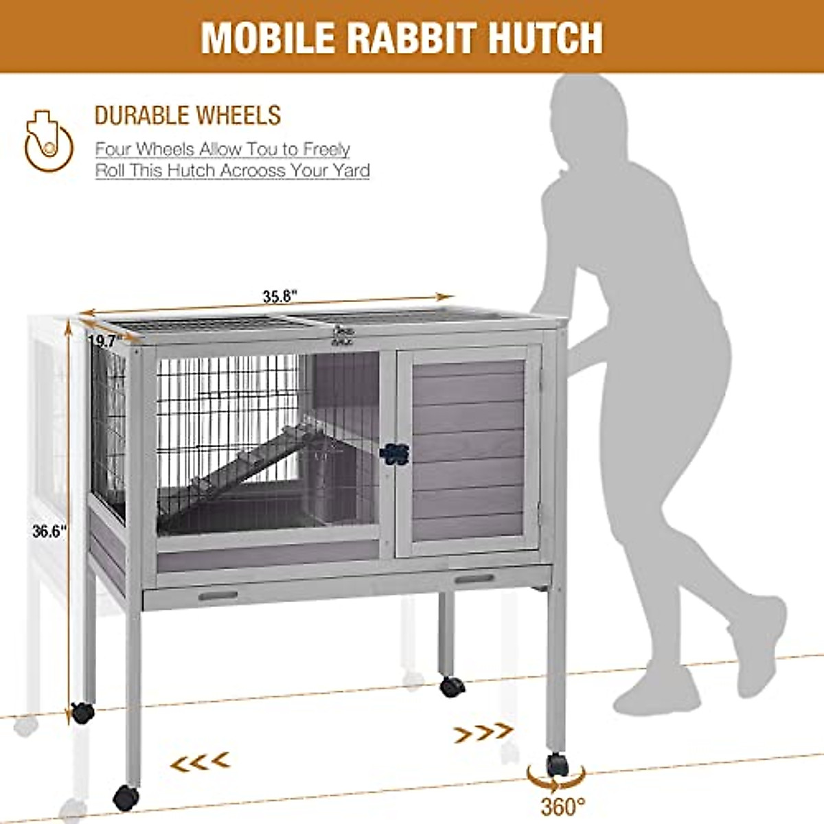 Rabbit Hutch Indoor, Bunny Cage Pet House for Small Animals Guinea Pig Cage on Wheels - Removable Wire Mesh
