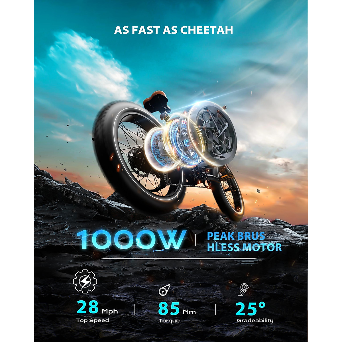 eAhora P5 Plus Electric Bike for Adults, 28MPH 750W(MAX 1000W) 48V 20Ah Long Range Removable Battery Ebike, 7 Speed Electric Mountain Bike, 24 * 4.0'' Fat Tire Electric Bike, Full Suspension