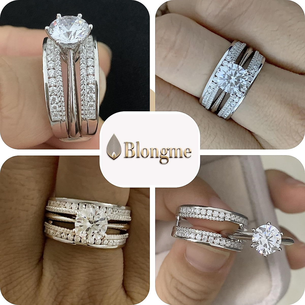 Blongme Wedding Engagement Ring for Women 2CT AAAAA CZ Bridal Sets Wedding Band Ring Enhancer Round Cut 925 Sterling Silver Size 6