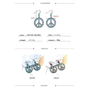 Antique Vintage Bronze Round Peace Love Sign Symbol Hook Earring Carving Filigree Flower Drop Earring Women Jewelry (Retro Blue)