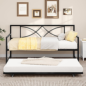 YITAHOME Twin Daybed with Pull Out Trundle, Metal Day Bed with Adjustable Height, Twin Size Mattress Foundation with Steel Slat Support for Guest Room Living Room - Black