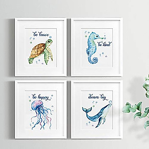 SUUURA-OO Lovely Inspirational Words Texture of Dreams Watercolor Sea marine life Art Print Set of 4 (8”X10”), Sea Turtle Seahorse fish whale Jellyfish Wall Poster, Blue Ocean Theme Nursery Kids Room Wall Decor