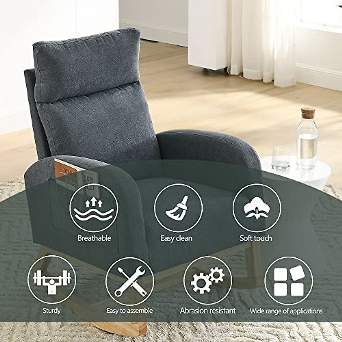 Modern Accent High Back Living Room Lounge Arm Rocking Chair, Upholstered Glider Rocking Chair For Baby And Kids, Comfortable Armchair With Side Pockets For Baby Room/Living Room/Bedroom (Black)