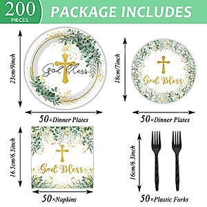 Naozinebi 200Pcs God Bless Baptism Plates Napkins First Holy Communion Party Tableware Set Christening Ceremony Dinnerware Confirmation Paper Plates for Mi Bautizo Baby Shower Decor Supplies Serve 50