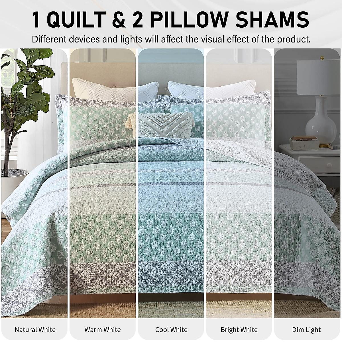 PERHOM Queen Size Quilt Set - 100% Long-Staple Cotton Floral Quilt, Reversible Patchwork Lightweight Comforter Bed Spread for All Season, Green/Gray
