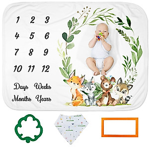 LUNAMIO Baby Monthly Milestone Blanket Boy Girl, Woodland Nursery Decor for Boys, Baby Milestone Blanket, Baby Boy Milestone Blanket, Woodland Baby Shower, Milestone Blanket for Baby Girl Boy, 50"x40"