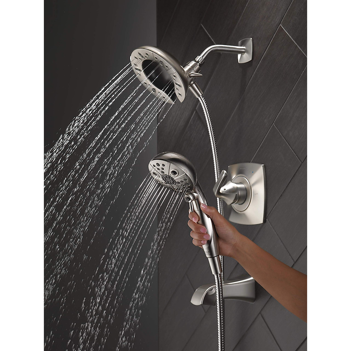 Delta Faucet Vesna 14 Series Single-Handle Shower Trim Kit with 5-Spray H2Okinetic In2ition Dual Hand Held Shower Head with Hose, SpotShield Brushed Nickel 144789-SP-I (Valve Included)