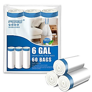 FORID Small Drawstring Garbage Bags - 6 Gallon Plastic Trash Bags Heavy Duty White Trash Can Liners 60 Count Unscented Bin Bags for Kitchen Bathroom Office Home Bedroom 22 Liter