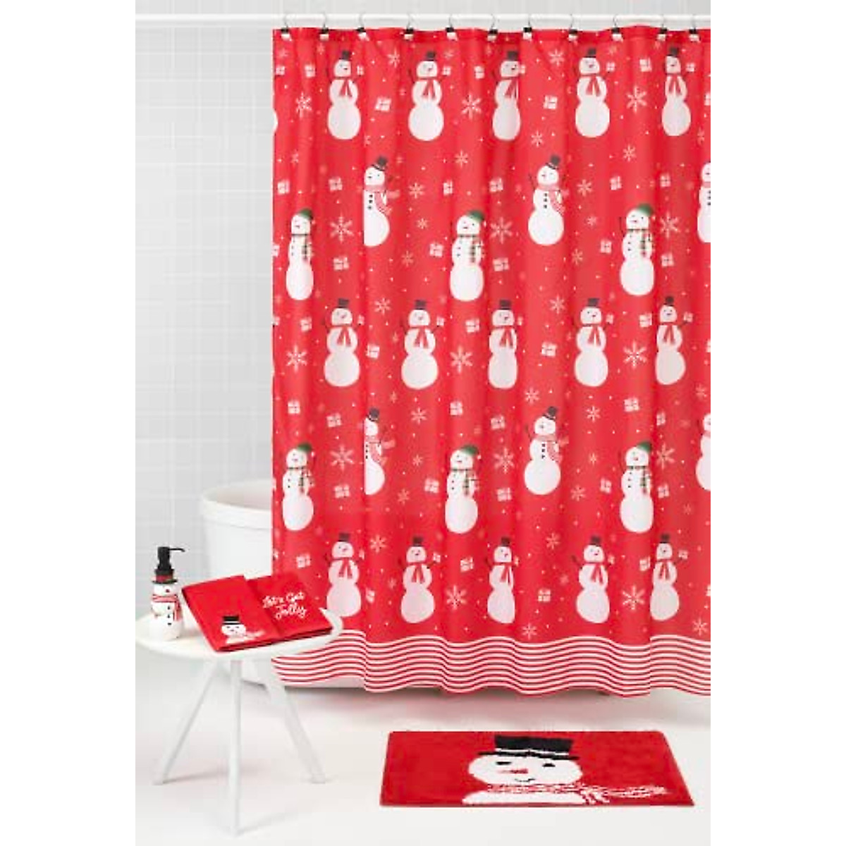 Indecor Home 17-Piece Snowman Christmas Holiday Bathroom Decoration Accessory Set | Bath Rug/Mat | Resin Soap/Lotion Pump Dispenser | Shower Curtain | 12 Resin Hooks | 2 Hand Towels | Gift Box Set