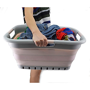 SAMMART 41L Collapsible Plastic Laundry Basket - Foldable Pop Up Storage Container/Organizer - Portable Washing Tub - Space Saving Hamper/Basket (3 handled rectangular, Grey/Pink)