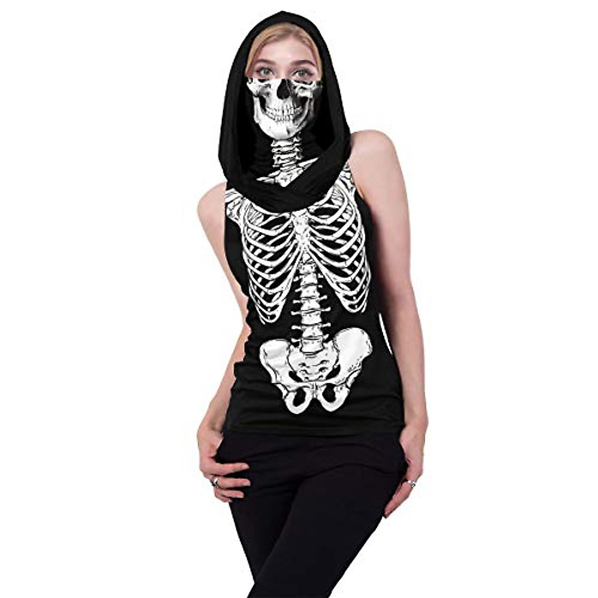 Ainuno Skeleton Shirt Skull Hoodie for Women Teen Girls Funny Halloween Shirts Costume Top with Mask Tshirts White Skeleton Printed Sleeveless Hoodie Pullover Sweatshirt Cute Tee,Skull Skeleton L