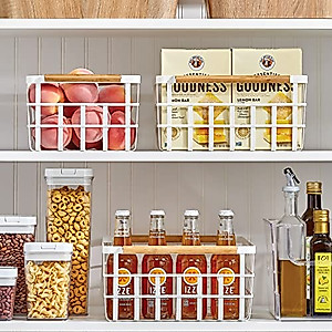 mDesign Metal Wire Storage Organizer Basket with Bamboo Wood Handles for Kitchen Pantry, Rustic Farmhouse Bin to Store Fruit, Coffee, Spices, Supplies, Yami Collection, 2 Pack, Matte White/Natural/Tan