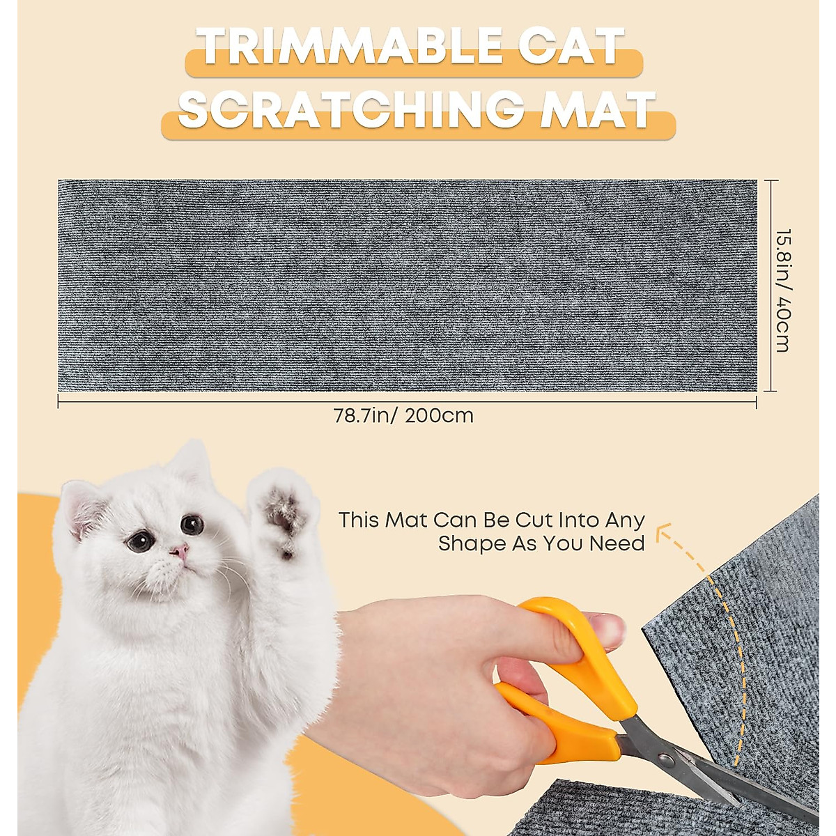 Trimmable Cat Scratching Mat, 78.7"x15.8" Self-Adhesive Cat Scratching Post Pad, Cat Tree Shelves Cover Replacement, DIY Versatile Protector for Steps, Couch and Furniture
