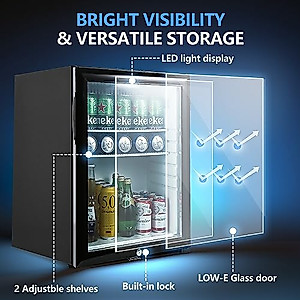 KICHKING 1.7 Cu.ft Ultra Quiet Compact Fridge No Noise Mini Absorption Fridge Beverage Refrigerator Cooler with Glass Door Under Counter Refrigerator Adjustable Shelves Lock for Home Office Bar