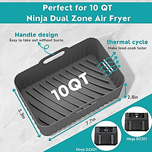 Air Fryer Silicone Pot Rectangular for Ninja Foodi Dual DZ201/DZ401 10QT, Reusable Silicone Airfryer Liner Replacement Baking Tray Basket | Non-stick | Easy Cleaning | Food Safe | Gray / 2Pcs