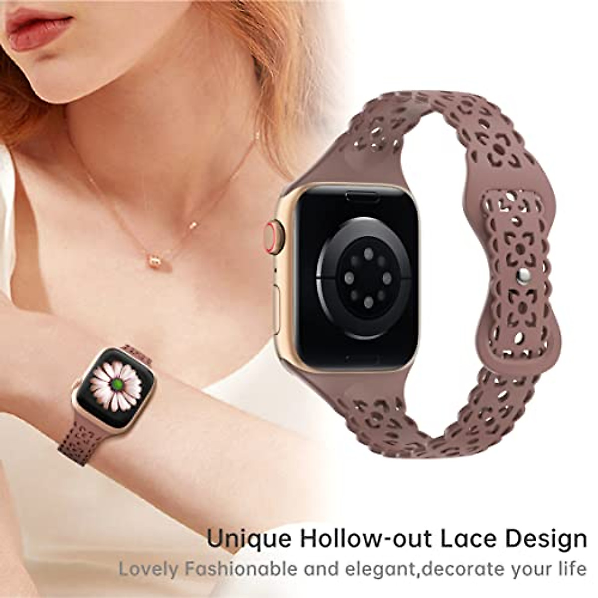 Lace Silicone Band Compatible with Apple Watch Bands 44mm 40mm 41mm 45mm 38mm 42mm Women,Thin Slim Hollow-out Sport Strap Replacement Wristbands for iWatch Series 9,Ultra,SE,Series 9 8 7 6 5 4 3 2 1
