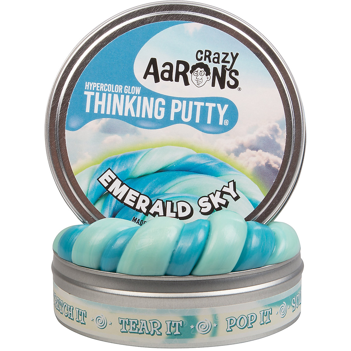 Crazy Aaron's Thinking Putty - Hypercolor: Emerald Sky - Fidget Toy For All Ages - Stretch, Change, Play and Create - Heat-Changing Blue Color That Never Dries Out - 4" Large Storage Tin - 3.2 oz