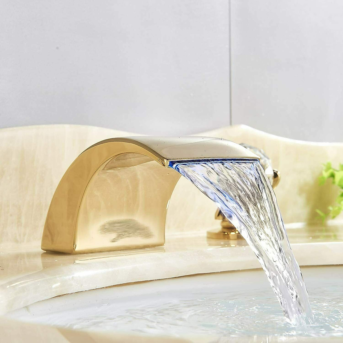 MOSSON LED Bathroom Faucet Brass Bathroom Sink Faucet 3 Hole 8 Inch Basin Mixer Tap Gold Bath Faucet 2 Crystal Knobs Vanity Lavatory Faucet for Bathroom